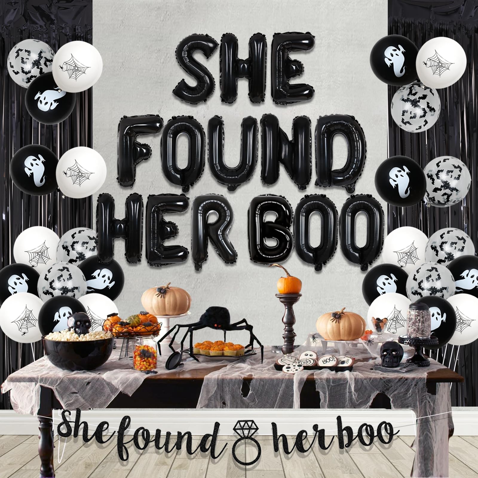 Halloween Bachelorette Party Decoration, She Found Her Boo Banner Bride to Be Sash Black Fringe Curtain Black White Balloons Bat Diamond Ring Foil Balloon for Bridal Shower Hen Party Decor