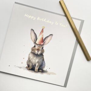 Old English Co. Hoppy Birthday Card for Her - Fun Rabbit Bunny Party Hat Birthday Card for Mum, Dad, Daughter, Son - Gold Foil Birthday Card for Women and Men | Blank Inside with Envelope