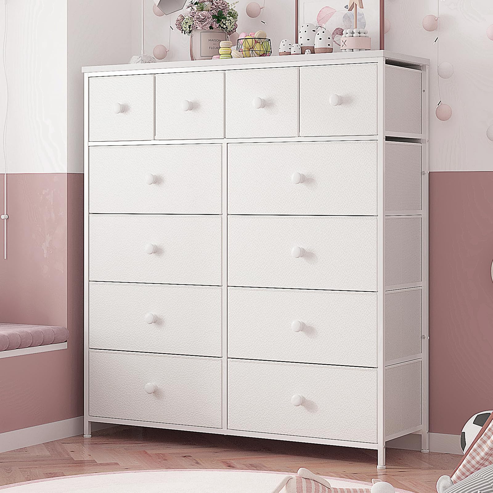 EnHomee White Dresser for Bedroom with 12 Drawers Dressers & Chest of Drawers with Wood Top, Metal Frame,Tall Dressers for Girls Bedroom,Living Room,Hallway,Closet