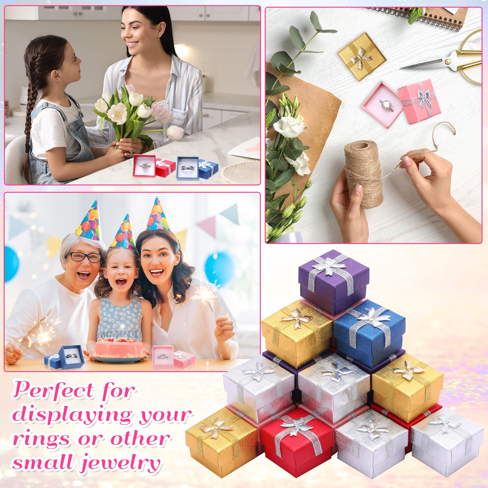 72 Pcs Ring Gift Box 1.6 x 1.6 x 1.1 Inches Hard Cardboard Jewelry Boxes with Ribbon Bow Small Ring Box Gift Cases for Earring Packaging Necklace Bangle Bracelets Weddings (Modern Color)