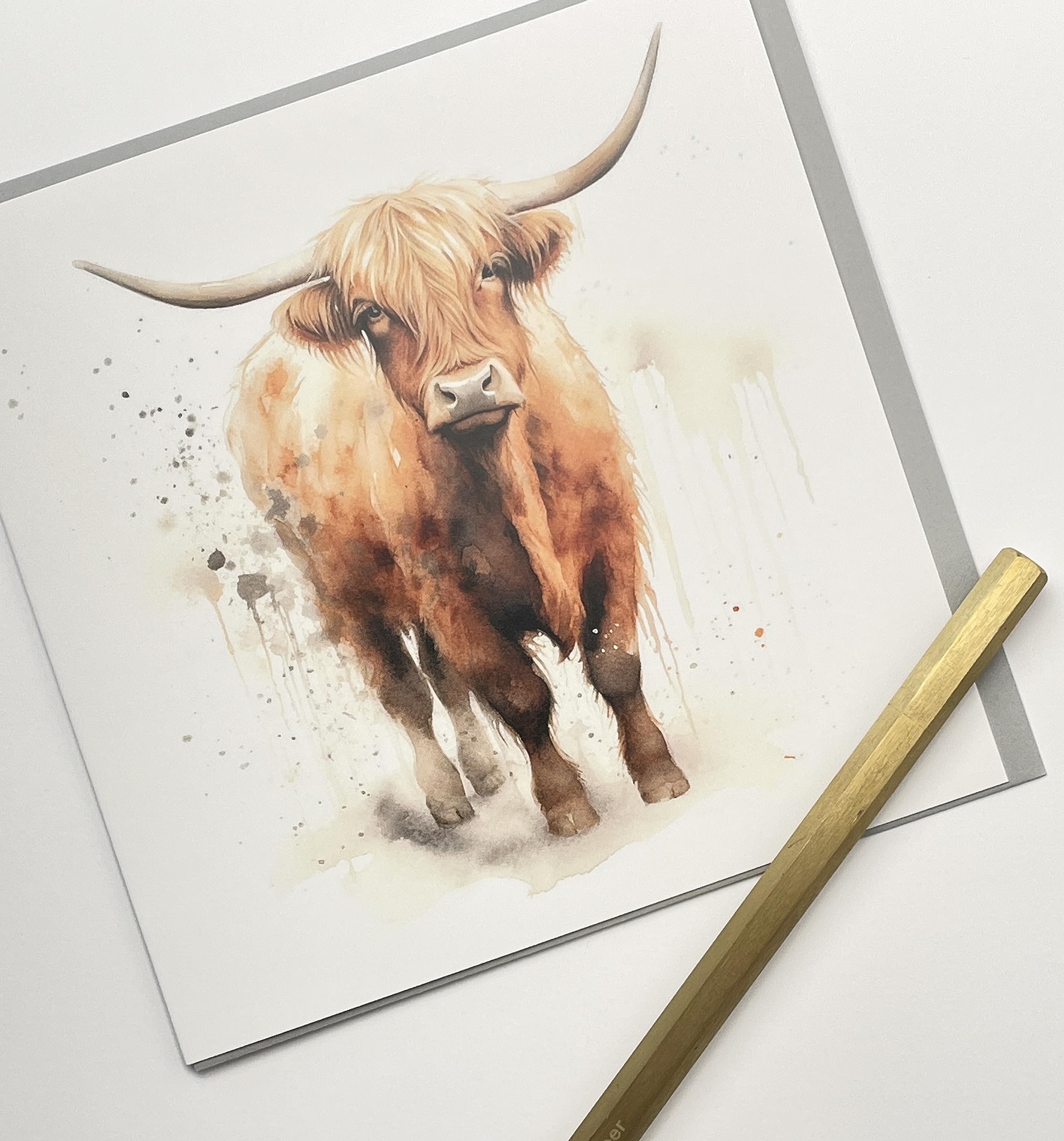 Old English Co. Watercolour Highland Cattle Cow Greeting Card for Birthday - Cute Birthday Card for Mum, Nan, Her - Wildlife Art Card for Thinking of You, Thank You | Blank Inside Envelope