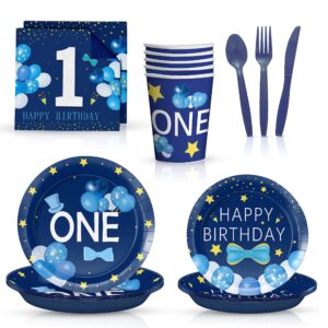 168 pcs baby boy 1st birthday baby shower favors tableware set, one blue set serves 24 guests complete set plates & silverware | eco-friendly disposable premium thick paper for baby shower decorations