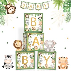 lopeastar safari jungle baby shower decorations baby boxes with letters, 4pcs large green animals boys baby shower boxes blocks and baby banner party decor