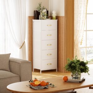 GipGiper White Tall Dresser for Bedroom with 5 Drawers for Closet, Chest of Drawers with Metal Handle, Leather Front, Wood Top, Dresser for Closet, Living Room, Nursery, White