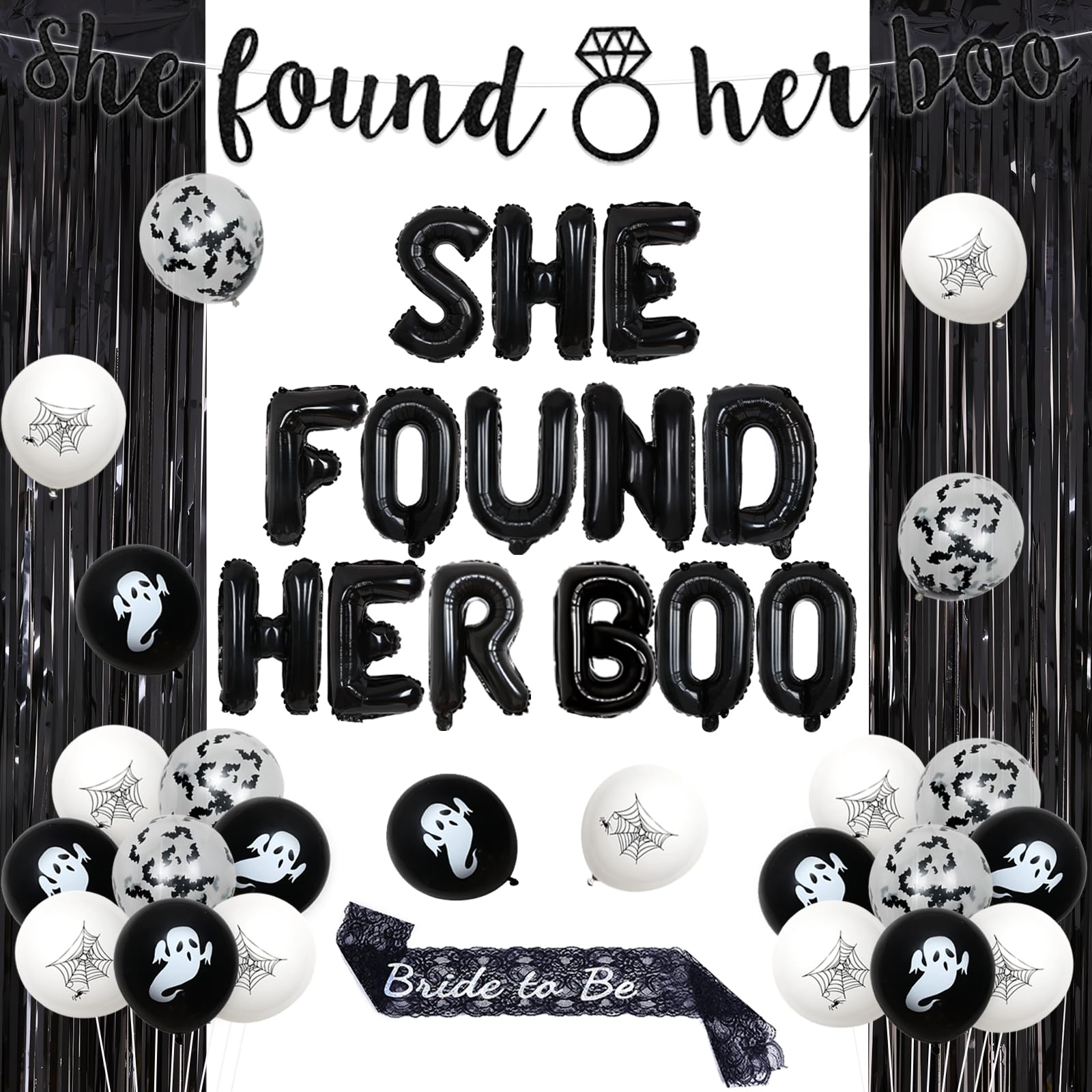 Halloween Bachelorette Party Decoration, She Found Her Boo Banner Bride to Be Sash Black Fringe Curtain Black White Balloons Bat Diamond Ring Foil Balloon for Bridal Shower Hen Party Decor