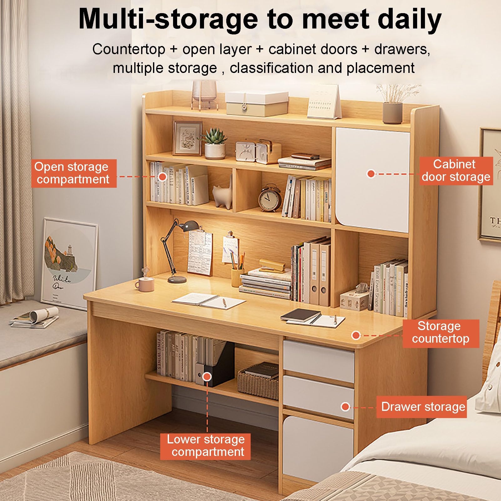 Modern Desk with Storage Drawers,Wood Computer Desk with Shelves,Sturdy Writing Desk Table with Bookshelf, Home Office Desk with Drawers for Study/Workstation(120x45x164cm(47x18x64in), B)