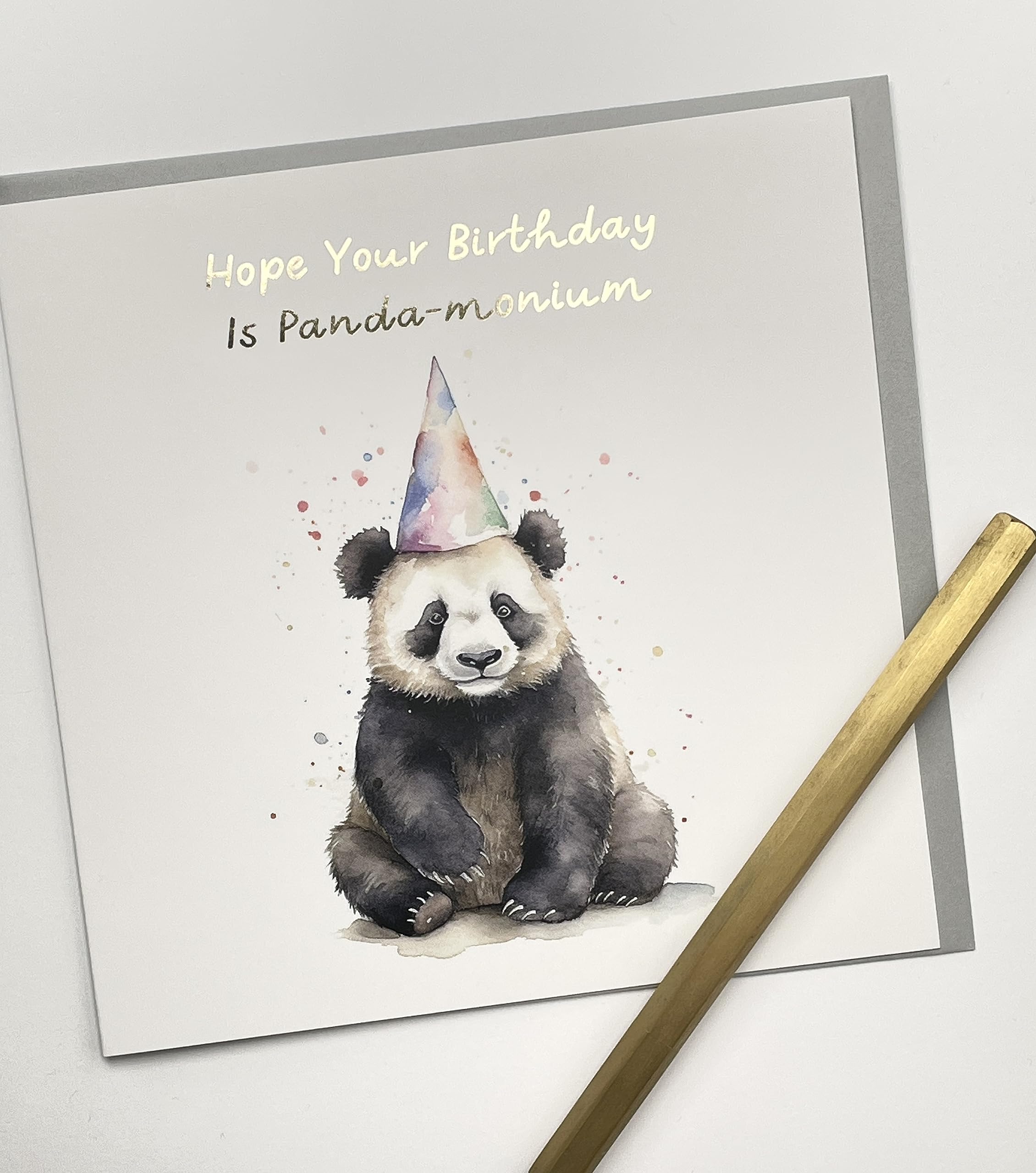 Old English Co. Panda Happy Birthday Card for Her - Fun Panda-monium Party Hat Birthday Card for Mum, Dad, Daughter, Son - Gold Foil Birthday Card for Women and Men | Blank Inside with Envelope