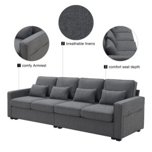 Harper & Bright Designs Upholstered Sofa with Armrest Pockets, 4-Seater Sofa Couch with 4 Pillows,Minimalist Style Couch for Living Room, Apartment, Office(Dark Grey)