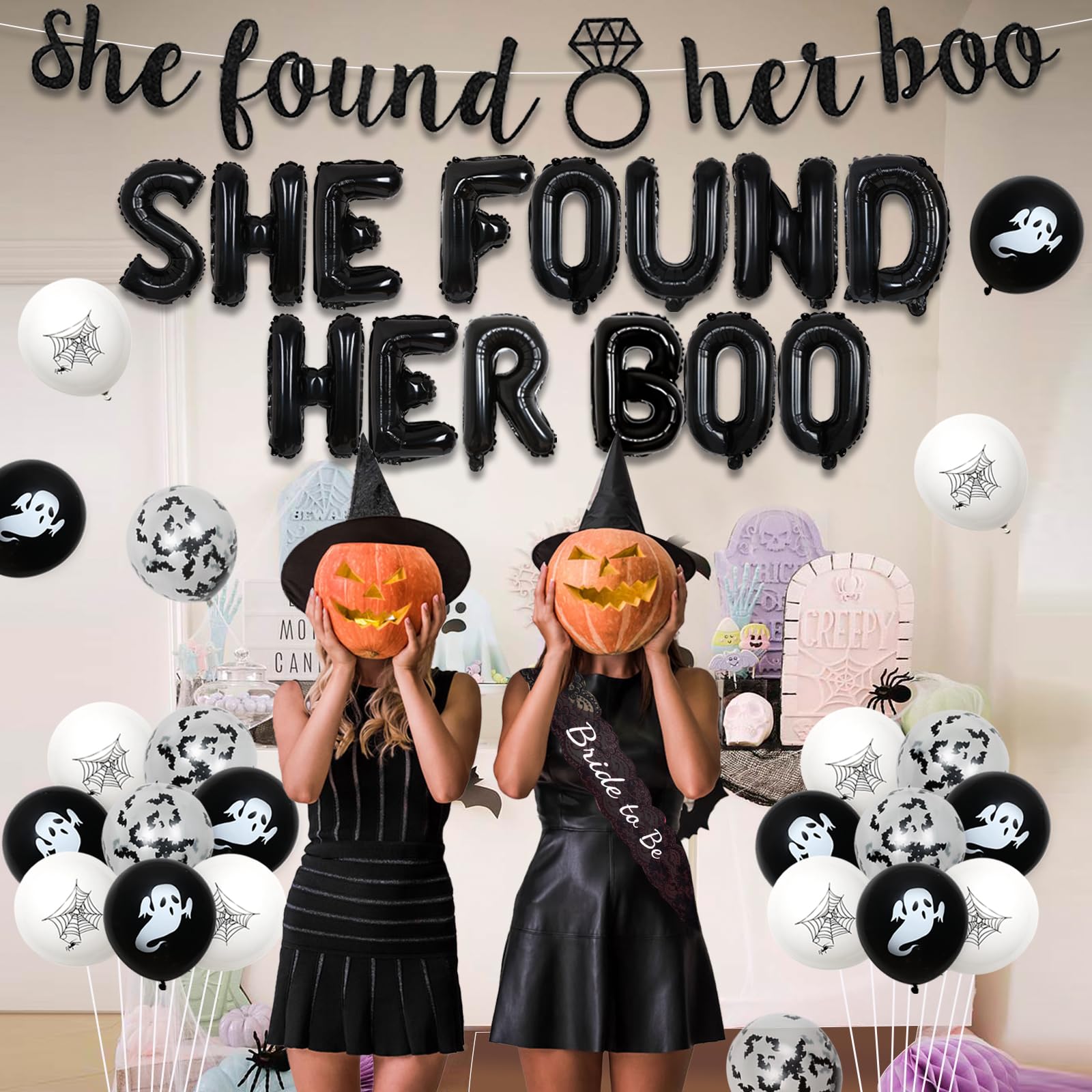 Halloween Bachelorette Party Decoration, She Found Her Boo Banner Bride to Be Sash Black Fringe Curtain Black White Balloons Bat Diamond Ring Foil Balloon for Bridal Shower Hen Party Decor