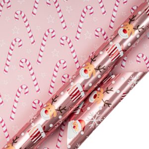 LeZakaa Reversible Christmas Wrapping Paper Roll - Metallic Foil with Santa Claus & Candy Cane in Pink - 17 inches x 32.8 Feet (46.45 sq.ft.)