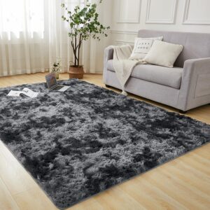 andency 4x6 shag area rug for living room, tie-dyed dark grey soft fuzzy plush indoor carpets for bedroom, non skid fluffy faux fur rug for room