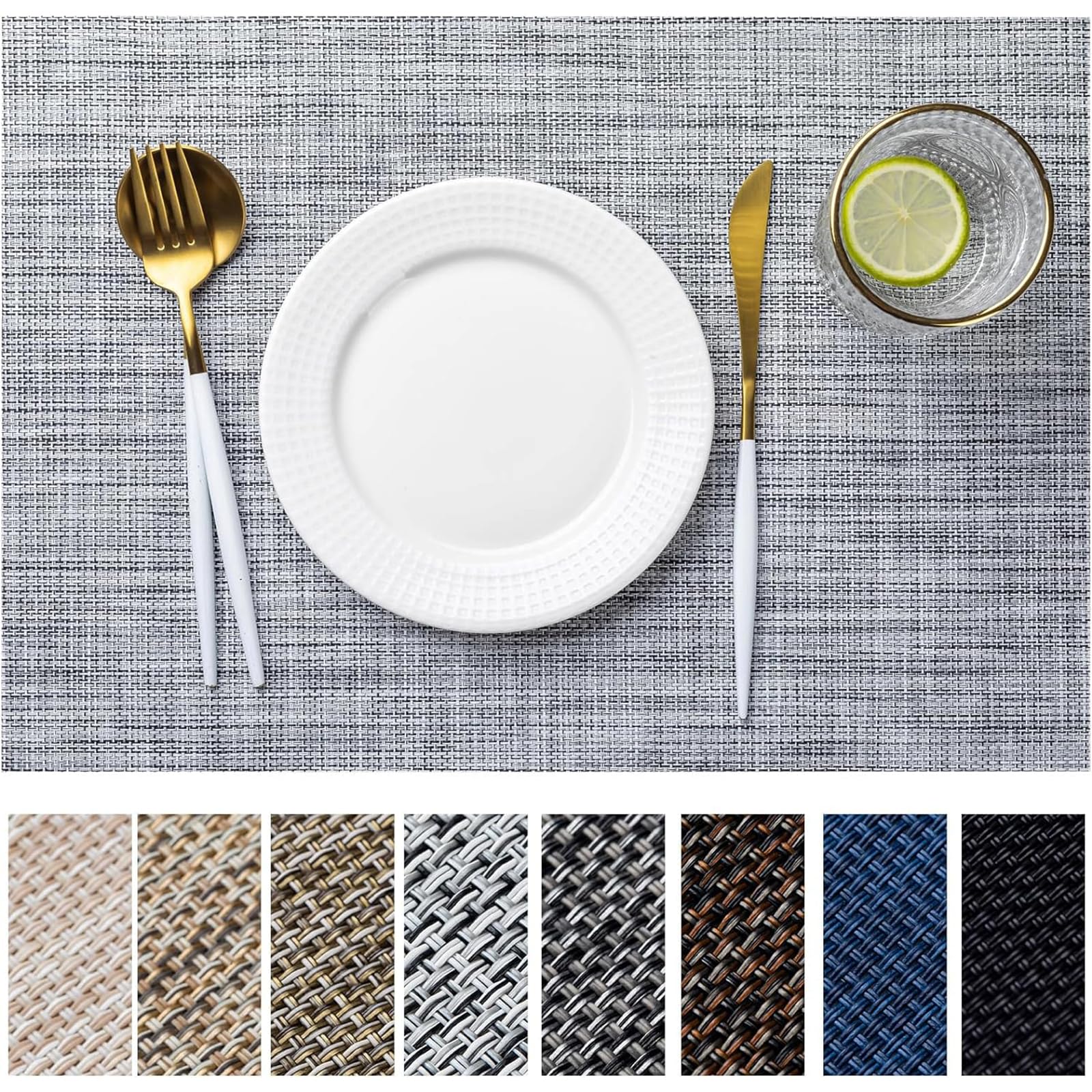 LEXMORE Placemats Set of 4 Vinyl/Plastic Woven Place Mats for Kitchen Table Indoor/Outdoor Washable Placemat Wipeable Dining Table Mats(Gray)