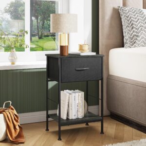 WLIVE Black Nightstand, Bedside Table with Fabric Storage Drawer, Open Wood Shelf, Bed Side Table, Night Stand for Bedroom Furniture, End Table for Living Room, Dorm, Entryway, 25.03" Height