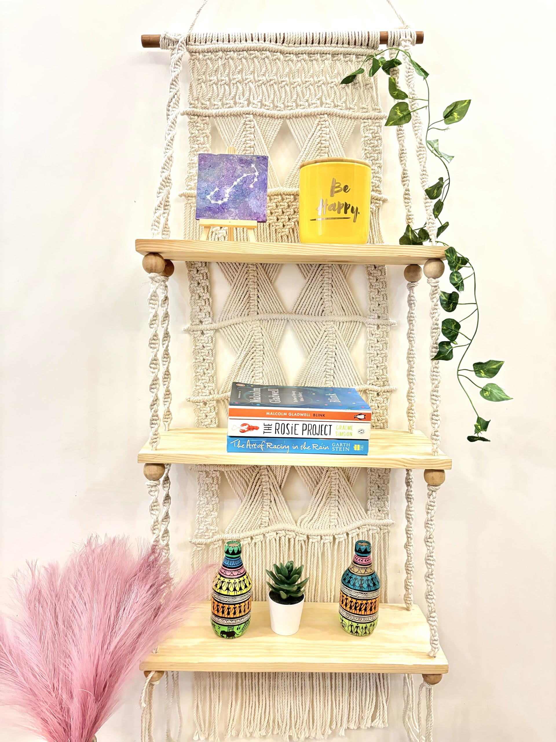 Macrame Wall Hanging Shelf Set, 3 Tier Macrame Wall Hanging Shelf for Wall Decor with Handmade Woven Rope Hanger for Kitchen, Bathroom, Home Storage