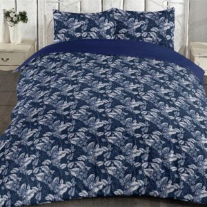 Ambesonne Floral Duvet Cover Set, Monochrome Vintage Art of Continuous Flowers and Leaves on Night Themed Back, Reversible 3 Piece Bedding Set with 2 Pillow Shams, California King, White Navy Blue