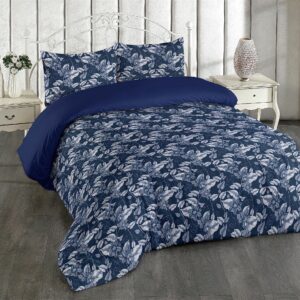 Ambesonne Floral Duvet Cover Set, Monochrome Vintage Art of Continuous Flowers and Leaves on Night Themed Back, Reversible 3 Piece Bedding Set with 2 Pillow Shams, California King, White Navy Blue