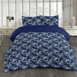 Ambesonne Floral Duvet Cover Set, Monochrome Vintage Art of Continuous Flowers and Leaves on Night Themed Back, Reversible 3 Piece Bedding Set with 2 Pillow Shams, California King, White Navy Blue