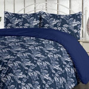 Ambesonne Floral Duvet Cover Set, Monochrome Vintage Art of Continuous Flowers and Leaves on Night Themed Back, Reversible 3 Piece Bedding Set with 2 Pillow Shams, California King, White Navy Blue