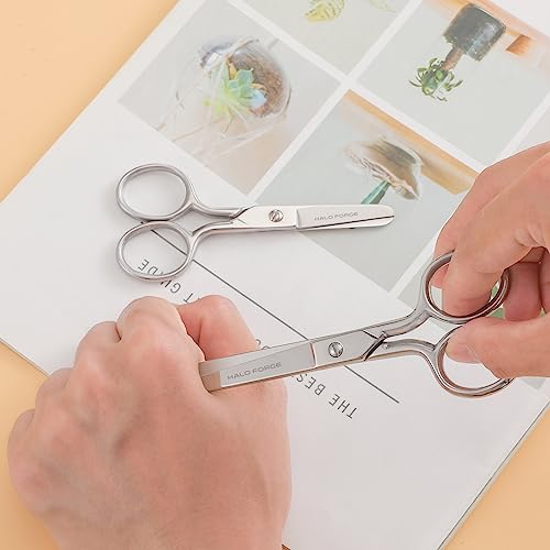 HALO FORGE Round Tip Sewing Scissors: Small Safety Sharp Tiny Fabric Scissors, 4.75 Inches Silver Stainless Steel Shears for Cutting Yarn Thread Embroidery knitting Needlework Cross Stitching