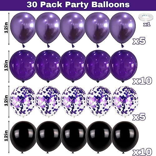 Purple and Black Balloons, 12 Inch Metallic Purple Balloon Black Purple Party Balloons Purple Purple Confetti Latex Helium Balloon for Halloween Wednesday Graduation Birthday Wedding Party Decorations