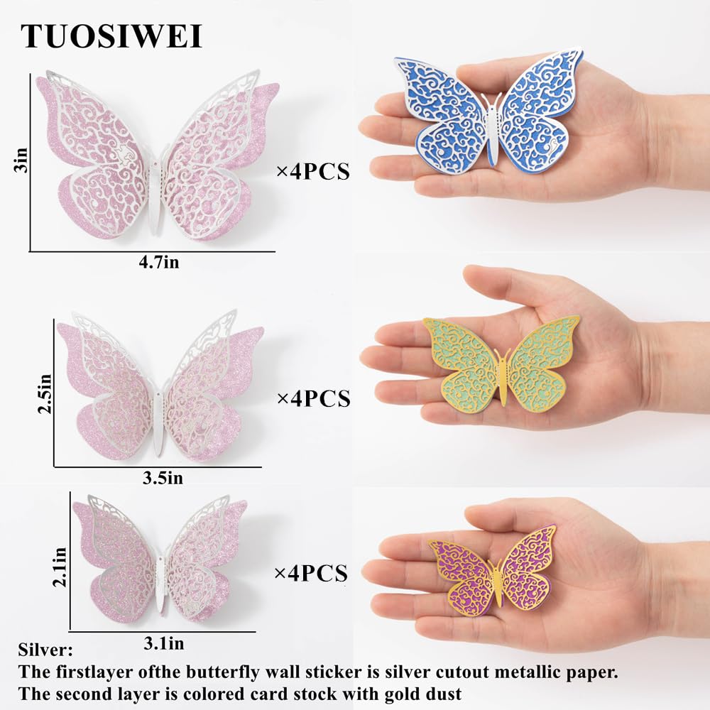 Tuosiwei 12PCS Butterfly Wall Decals - 3D Butterflies Decor for Wall Removable Mural Stickers Home Decoration Kids Room Bedroom Decor (pink Silver)