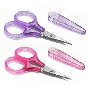 scaiktig small craft scissors, 3" tiny travel scissors tsa compliant with cover, sharp scissors all purpose, straight fine tips mini sewing scissors set, precision detail paper cutting, pink/purple