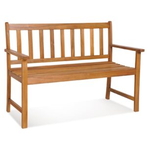 tangkula outdoor acacia wood bench, 2-person garden bench with backrest and armrests, garden bench with slatted seat for porch, park, backyard, 800 lbs max load, 48” l x 22” w x 34” h, natural