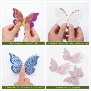 Tuosiwei 12PCS Butterfly Wall Decals - 3D Butterflies Decor for Wall Removable Mural Stickers Home Decoration Kids Room Bedroom Decor (pink Silver)