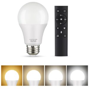 outon a19 led light bulb with remote control, efficient 9w led bulb (60watt equivalent), 810 lm, dimmable, 3000k-6000k, e26 base, light bulb with timer for living room, bedroom, 1bulb & remote