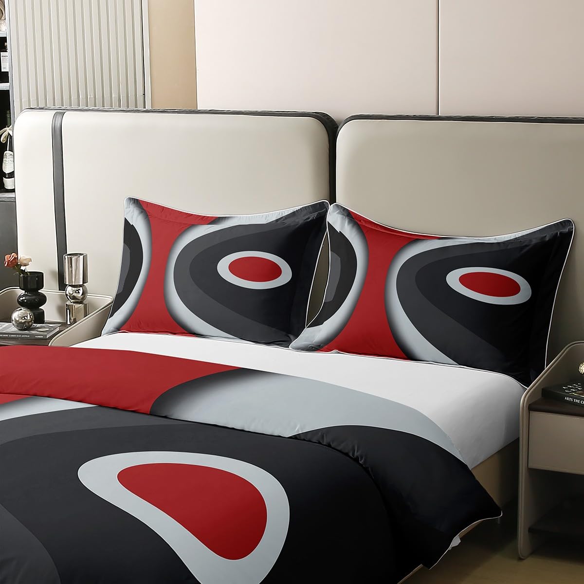 jejeloiu Modern Abstract Duvet Cover 100% Cotton Queen Size Red Stripes Gray Black White Bedding Cotton Duvet Cover Set Acrylic Bold Grey Comforter Cover Set