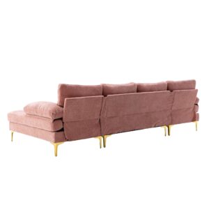 U-Shaped Sectional Sofa Comfy Couch for Living Room Set, 110 inches Wide Modern Large 4-Seat Couch Convertible Soft Velvet Couch Set with Double Chaise Lounge (Pink, Chenille Fabric)