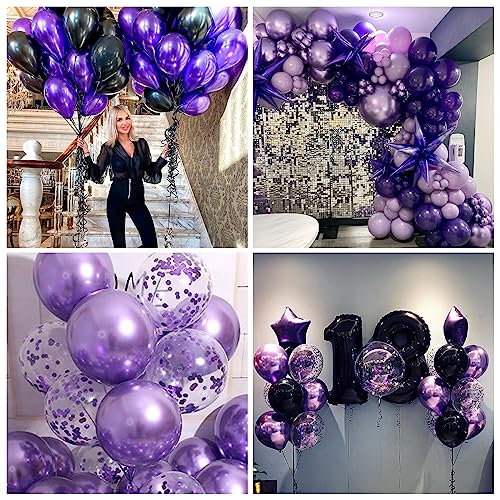 Purple and Black Balloons, 12 Inch Metallic Purple Balloon Black Purple Party Balloons Purple Purple Confetti Latex Helium Balloon for Halloween Wednesday Graduation Birthday Wedding Party Decorations