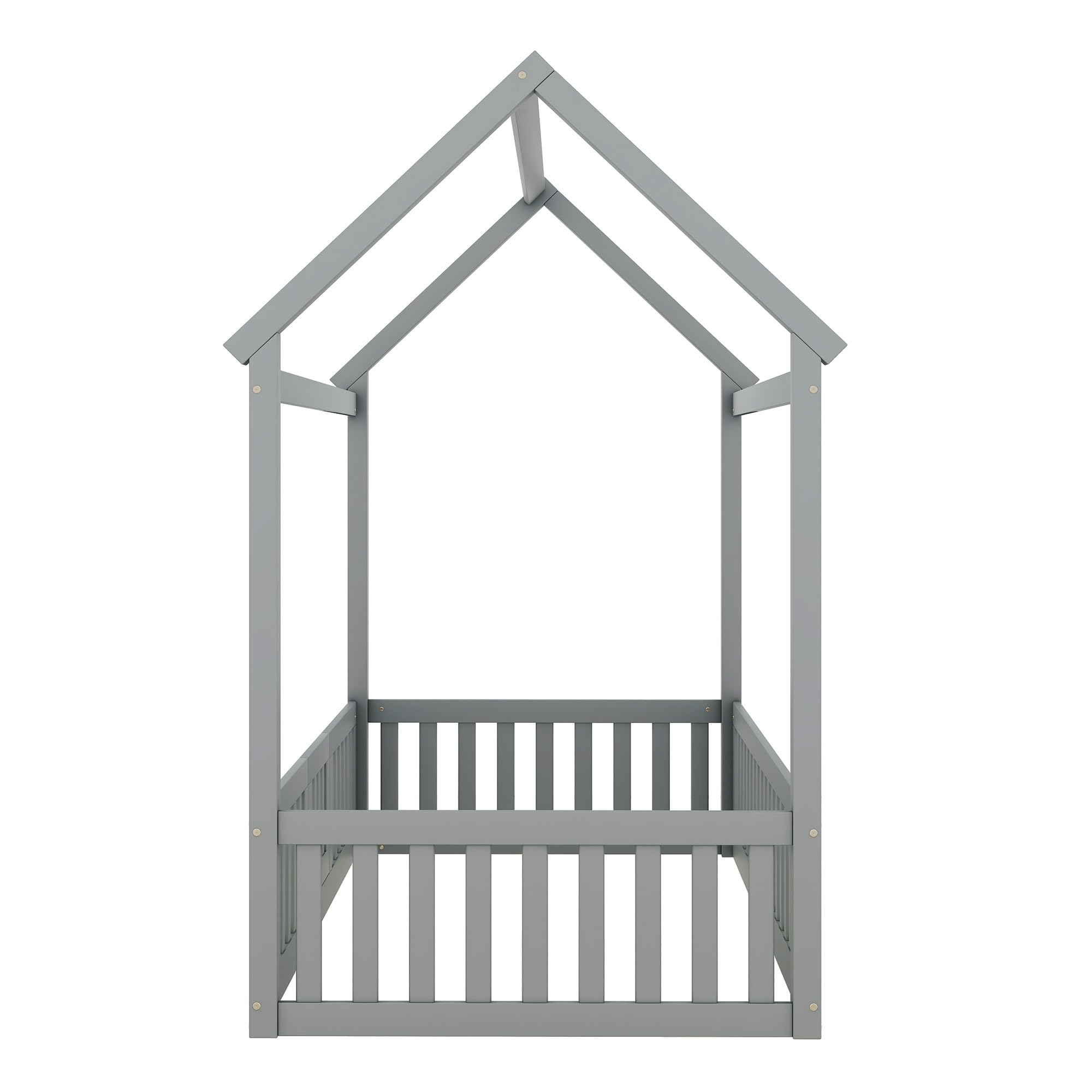 Bellemave Twin Size Montessori House Bed for Kids, Wood Floor Beds with Fence Railings & Door, Twin Playhouse Bed for Boys Girls, Box Spring Needed, Gray Wash