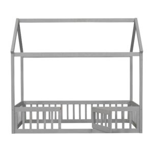 House Bed Twin Bed Frames for Kids,Wood Montessori Floor Bed with Fence and Door Design, Twin Floor Bed with Rails for Girls Boys, Grey Wash