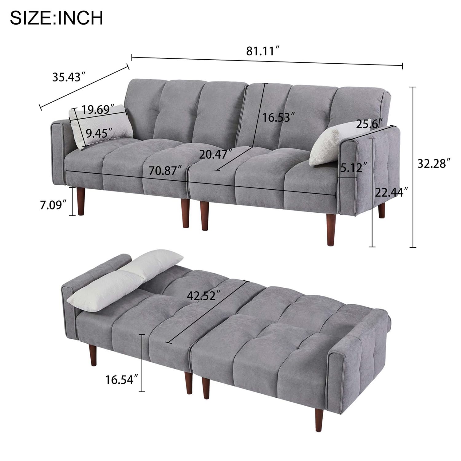 Antetek 81-inch Oversized Futon Sofa Bed, Modern Tufted Linen Fabric Convertible Sleeper Sofa Couch, Oversized Loveseat Sofa with 3 Adjustable Positions and 8 Wooden Legs for Living Room Office, Grey