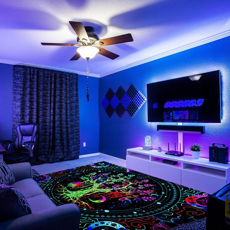 EISKBC Neon Tree of Life Area Rug, Large Blacklight UV Reactive Throw Rug, Non-Slip Bohemian Fluorescent Floor Mat Carpet, Glow in The Dark Sun and Moon Phase Bed Room Decor, 70x47inch