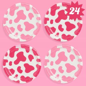 xo, fetti pink cow print paper plates - 24 pk, 9" | bachelorette party decorations, last rodeo, cowgirl rodeo birthday party, western baby shower supplies, cool cake plates