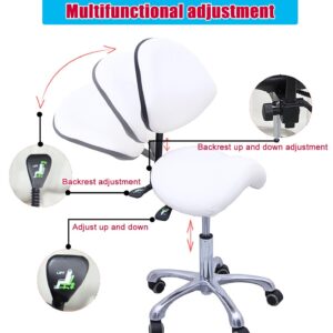 NUNETH Medical Dental Saddle Stool Chair White Black, Rolling Chair with Back Support, Ergonomic Salon Saddle Chair on Wheels with Hydraulic Lift (Color : White)