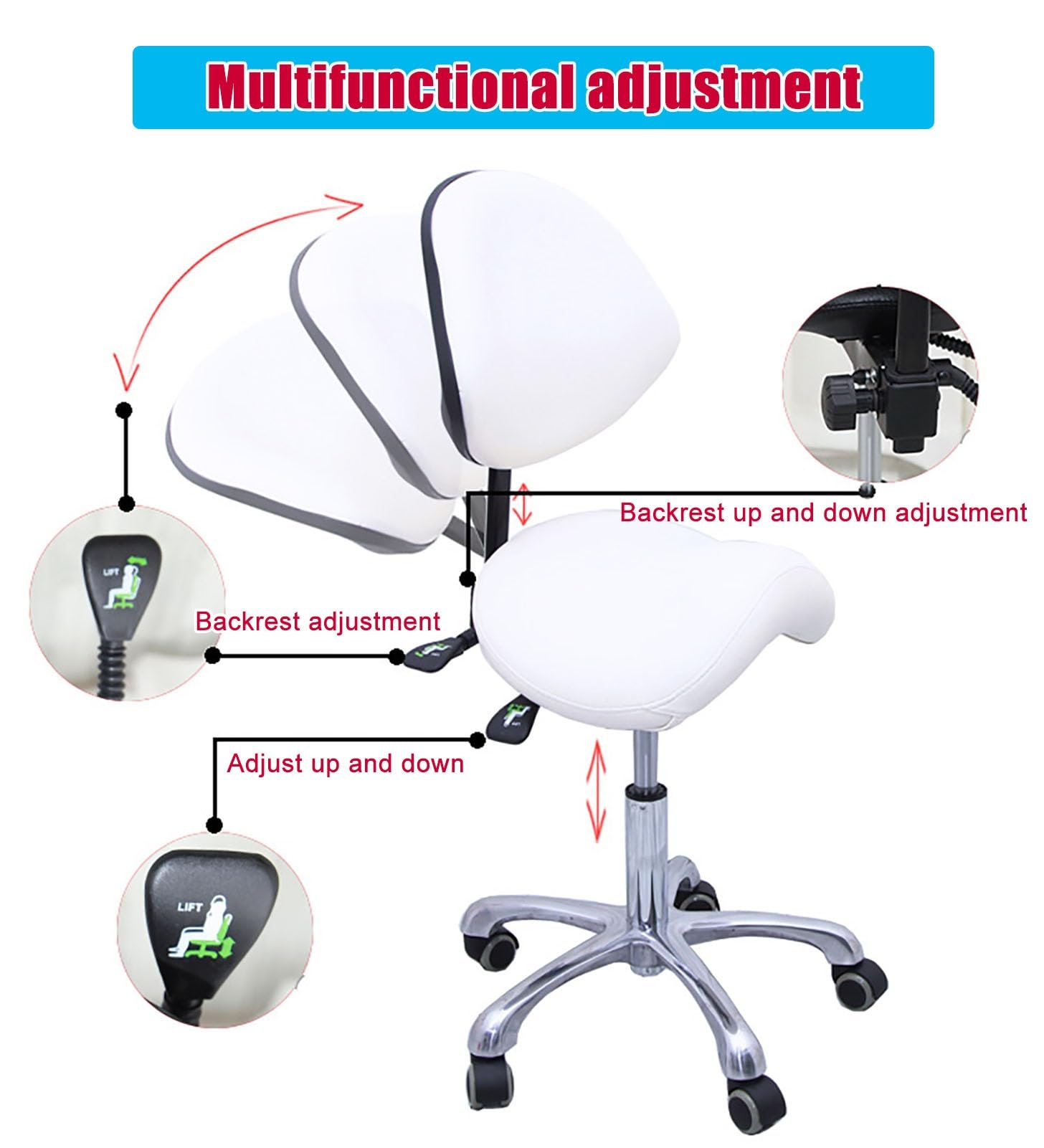 NUNETH Medical Dental Saddle Stool Chair White Black, Rolling Chair with Back Support, Ergonomic Salon Saddle Chair on Wheels with Hydraulic Lift (Color : White)