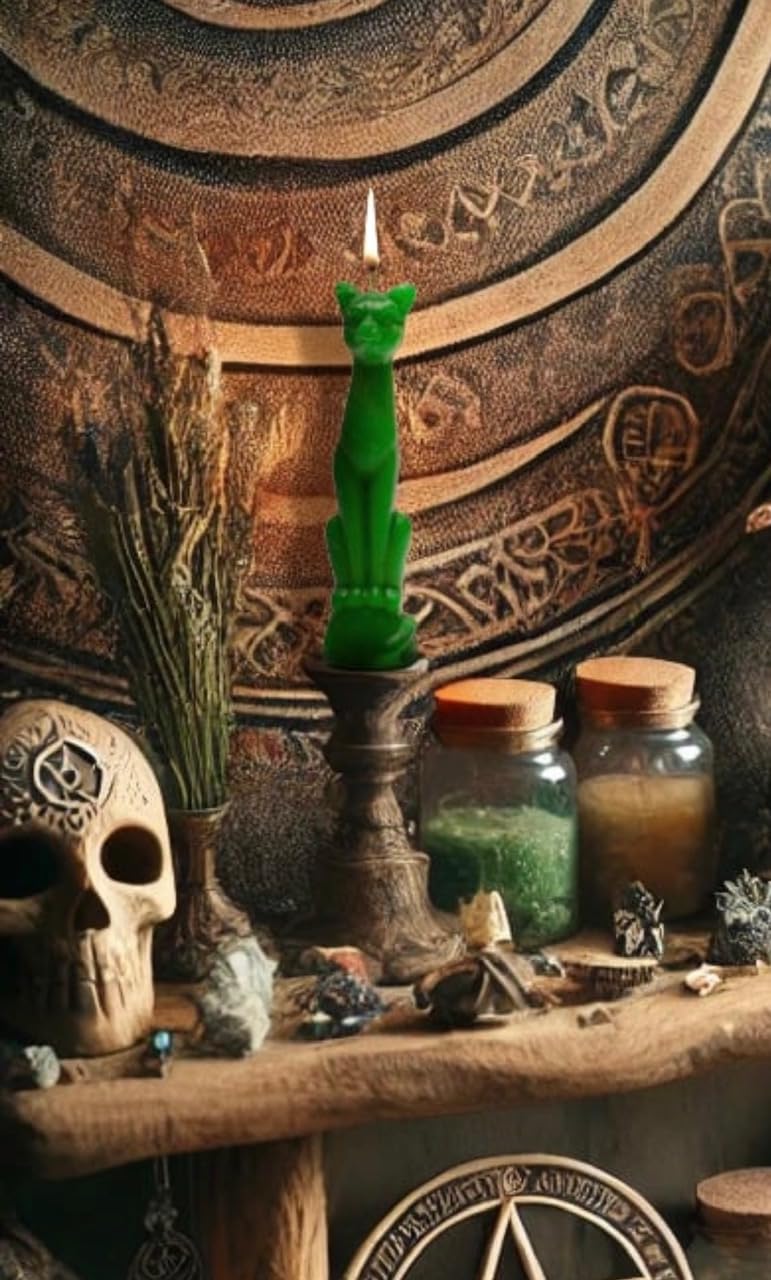 Green Lucky Cat Candle - Ancient Egyptian Goddess Symbol for Good Luck, Attraction, 9 Lives Blessing, Spiritual Ritual & Manifestation for Humans