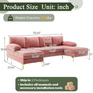 U-Shaped Sectional Sofa Comfy Couch for Living Room Set, 110 inches Wide Modern Large 4-Seat Couch Convertible Soft Velvet Couch Set with Double Chaise Lounge (Pink, Chenille Fabric)