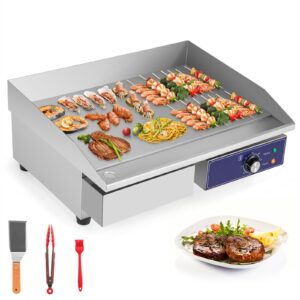 giantex commercial griddle, 22" electric griddle 2000w, cast iron griddle, stainless steel frame, 122℉-572℉ adjustable temperature control, removable oil storage box, restaurant teppanyaki grill