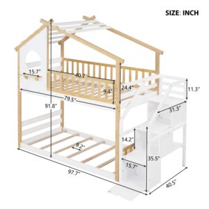 Stairway House Bunk Beds for Kids ,Floor Bunk Beds Twin Over Twin , Wood Bunk Beds with Storage Stairs , Toddlers Bunk Beds with Roof, Window for Girls, Boys , Natural Bed +White Stair