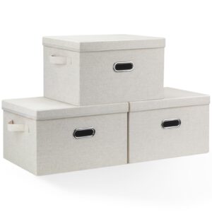 bellzacasa collapsible storage bins with lids, 3 pack linen fabric foldable storage bin cube with handles, storage baskets box closet organizers and storage containers, beige, 14.6x10.5x8.5