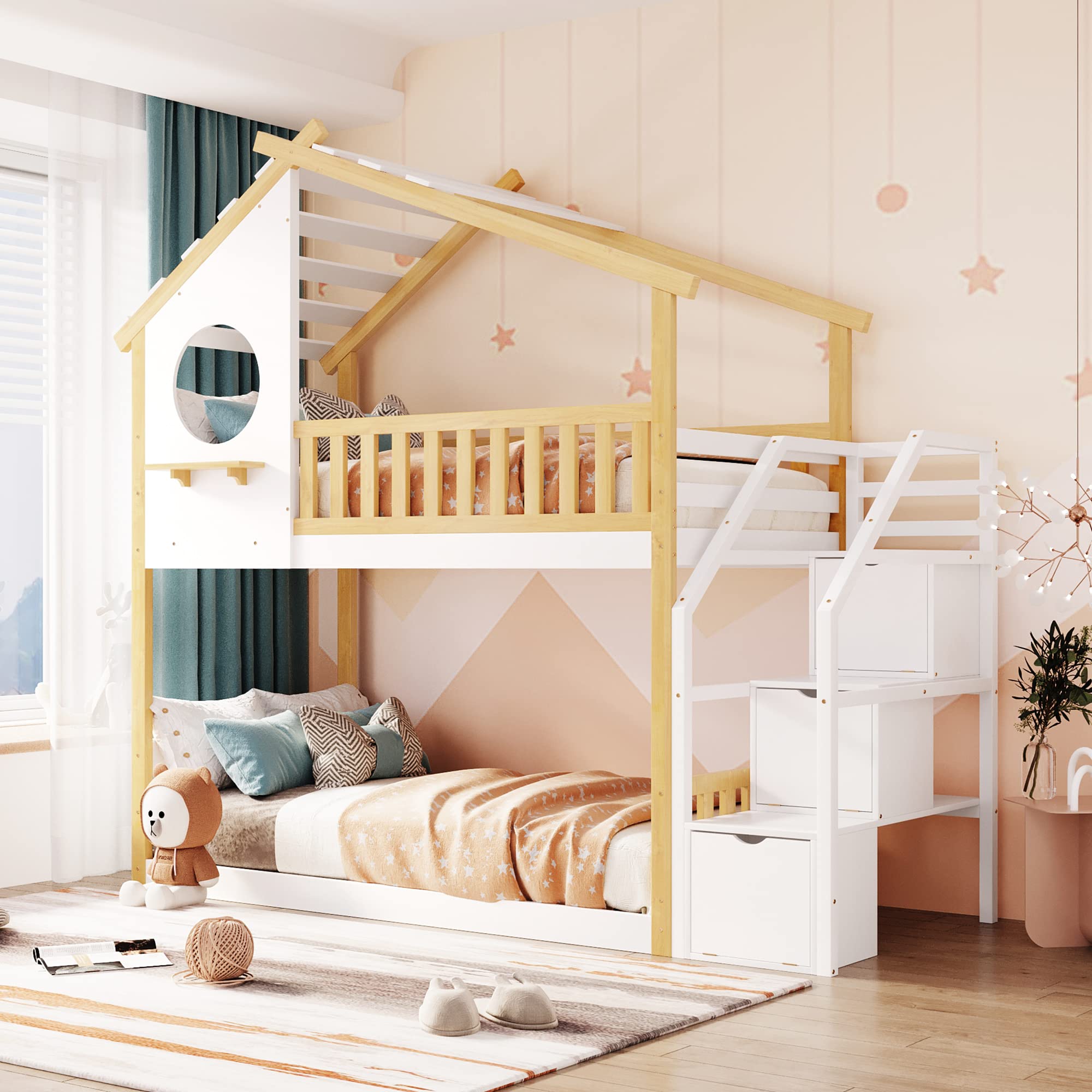 Stairway House Bunk Beds for Kids ,Floor Bunk Beds Twin Over Twin , Wood Bunk Beds with Storage Stairs , Toddlers Bunk Beds with Roof, Window for Girls, Boys , Natural Bed +White Stair