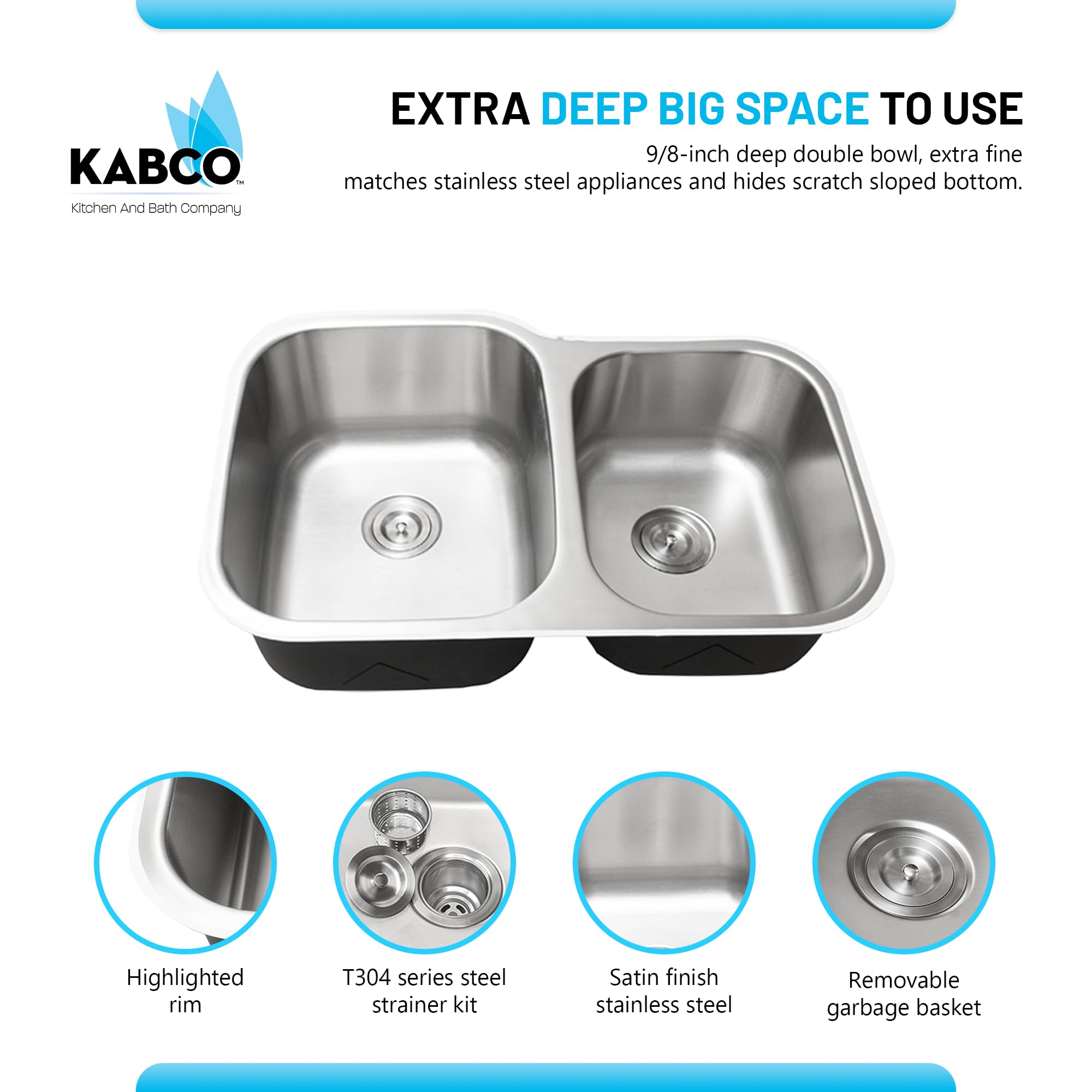 KABCO 32 Inch Stainless Steel 60/40 Double Unequal Bowl Classic Kitchen Sink Only, Extra Thick 16 Gauge Undermount Rust Resistant, Sound and Heatproof Sink