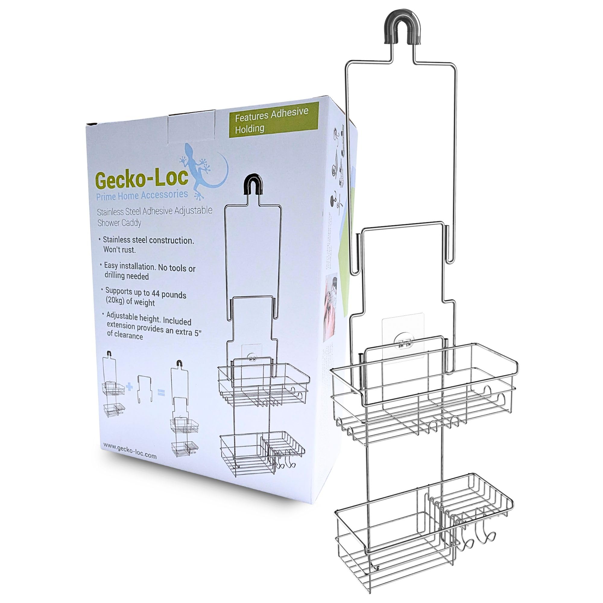 Gecko-Loc Adjustable Hanging Shower Caddy with Adhesive Storage Rack - Over Shower Head Hanger - for Shampoo, Soap, & Razors - Silver