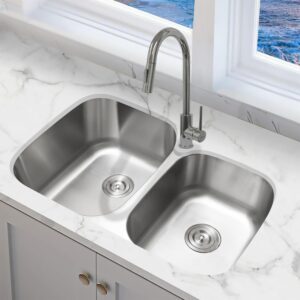 kabco 32 inch stainless steel 60/40 double unequal bowl classic kitchen sink only, extra thick 16 gauge undermount rust resistant, sound and heatproof sink