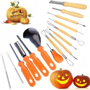 pumpkin carving kit tools halloween, 15pcs professional heavy duty carving set, stainless steel double-side sculpting tool carving knife for halloween decoration