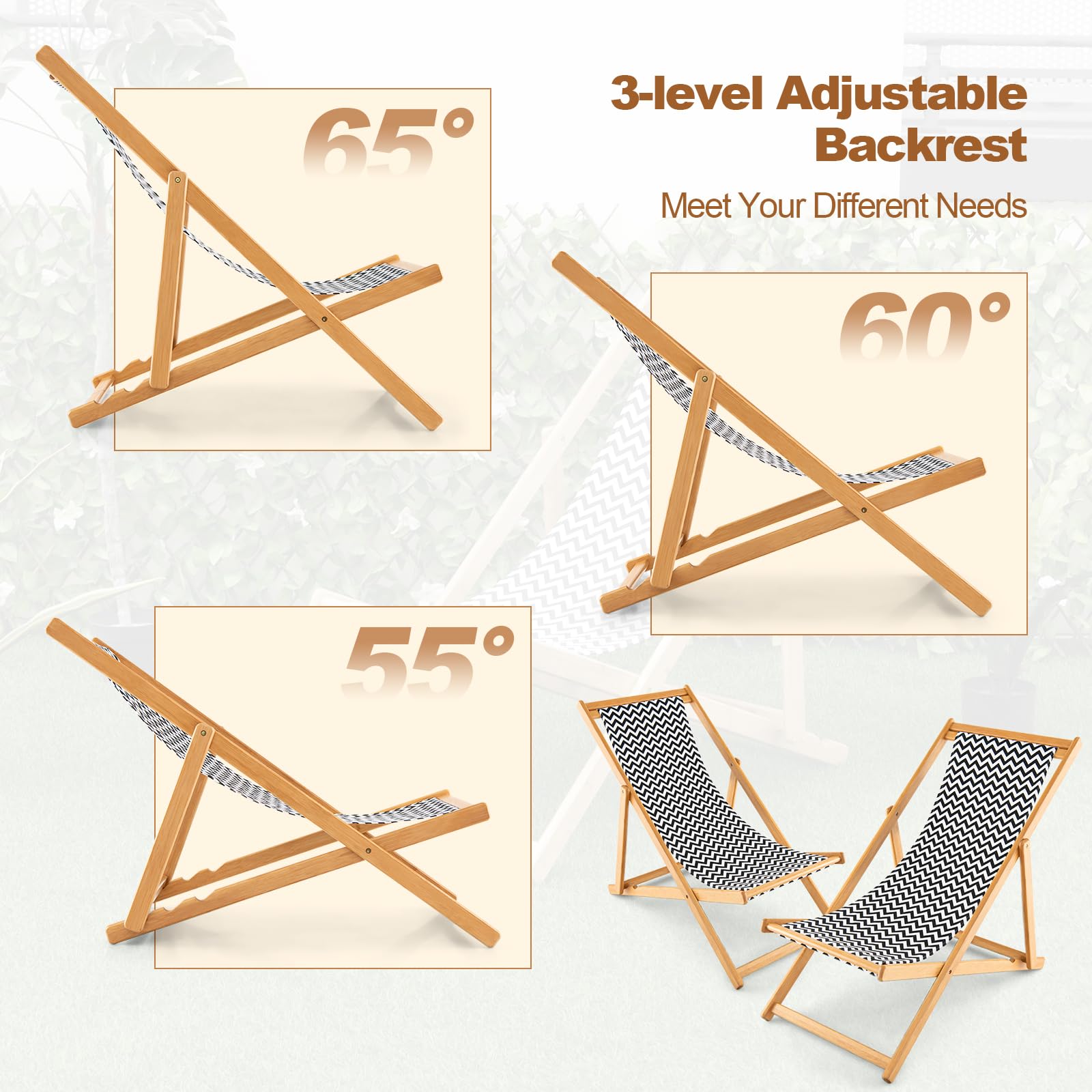 Giantex Patio Folding Camping Chair - Outdoor Sling Chair with 3 Adjustable Position, Breathable Canvas, Bamboo Lounge Chair for Outside, Porch, Deck, Poolside and Backyard, Portable Beach Chair (1)